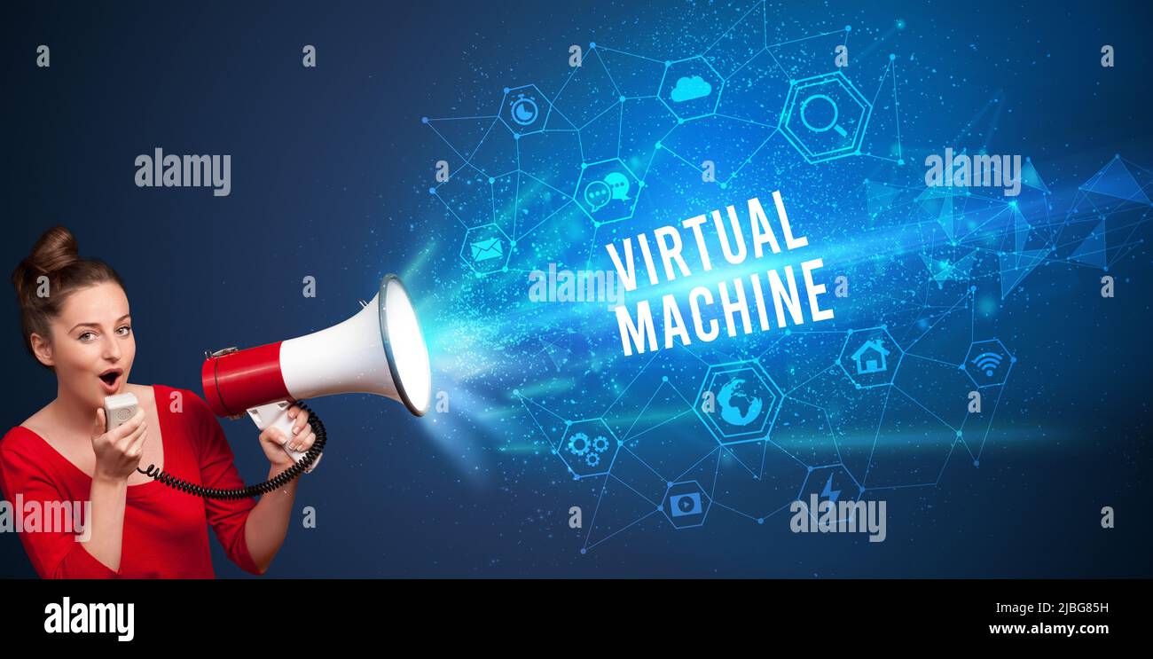 Young woman shouting in megaphone, technology announcement concept ...
