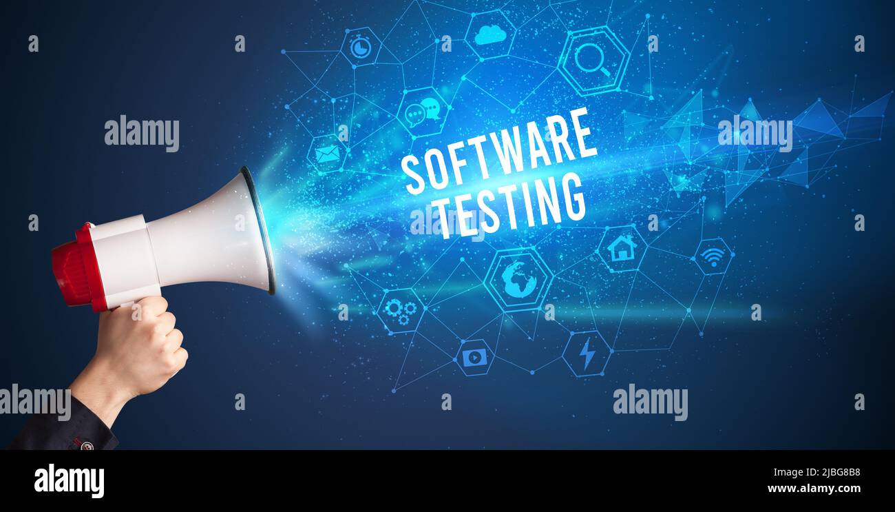 Young woman shouting in megaphone, technology announcement concept ...