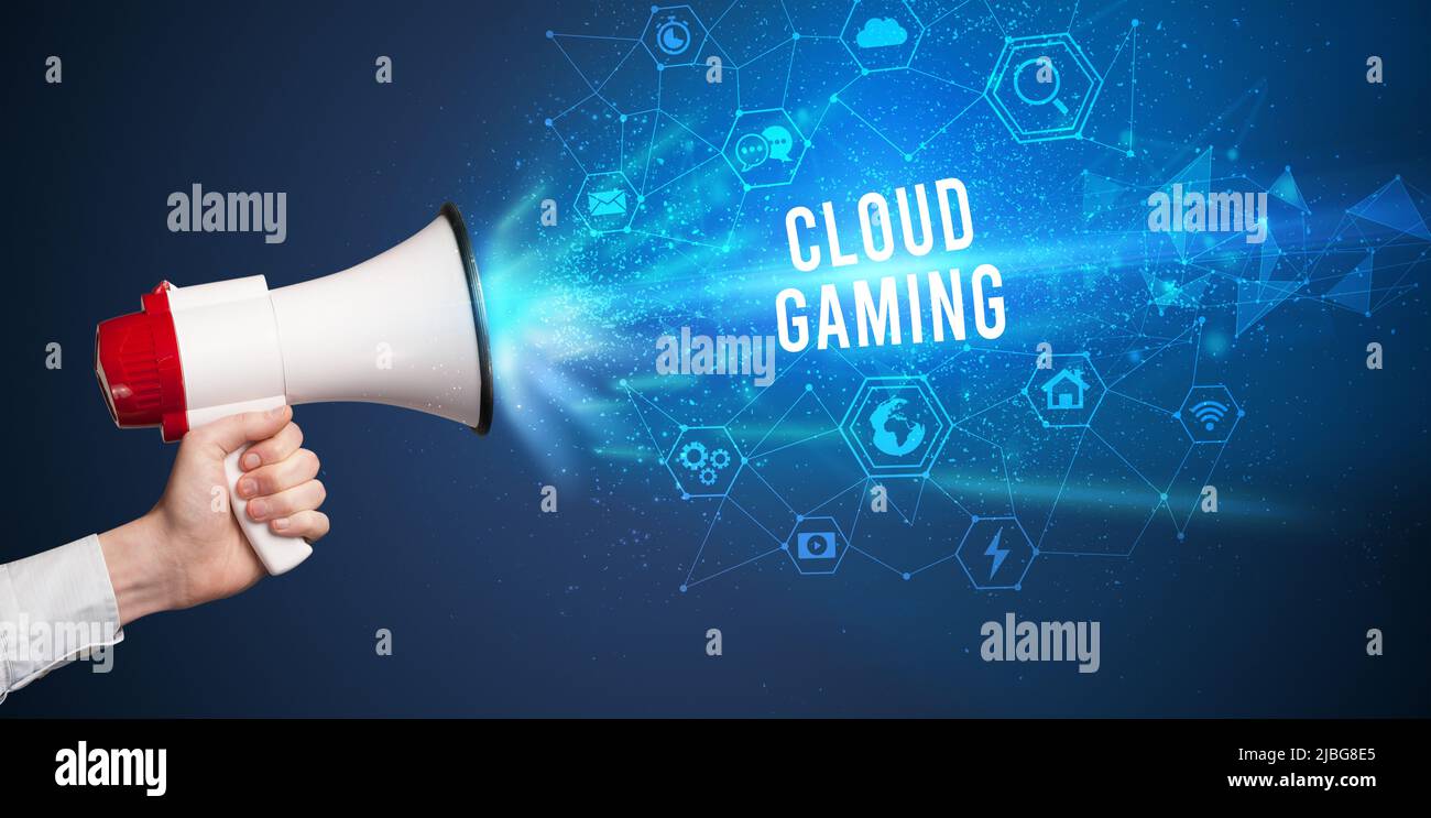 Young woman shouting in megaphone, technology announcement concept ...