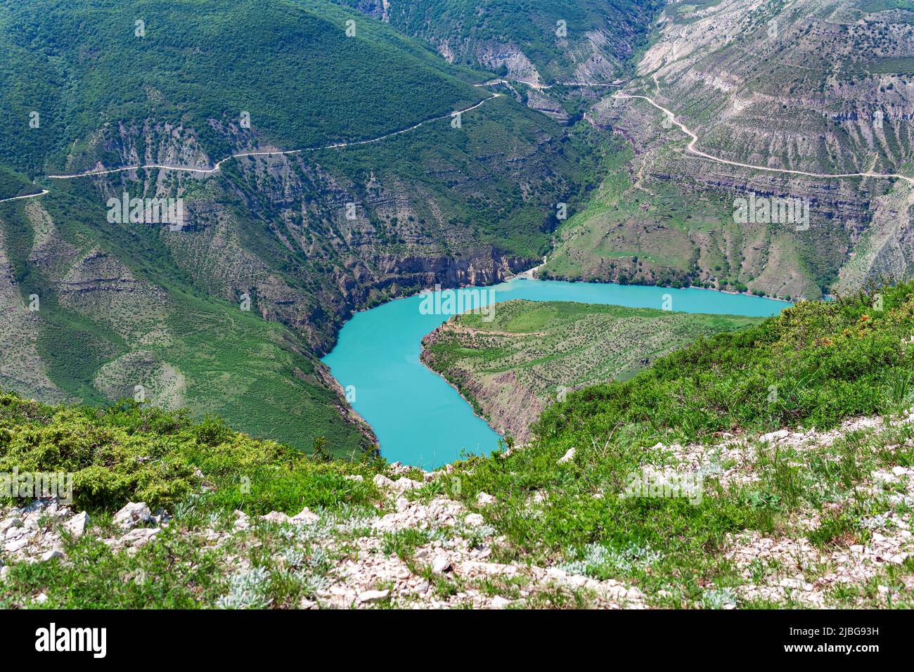 mountain landscape, view of the deep canyon with blue water, valley of ...