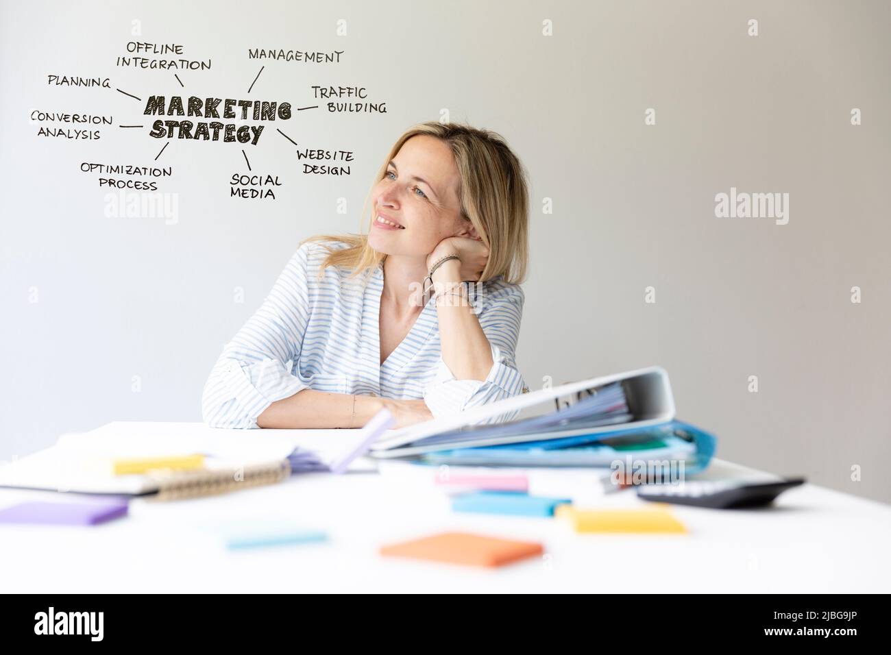 marketing strategy, portrait of pretty young blonde business woman in ...