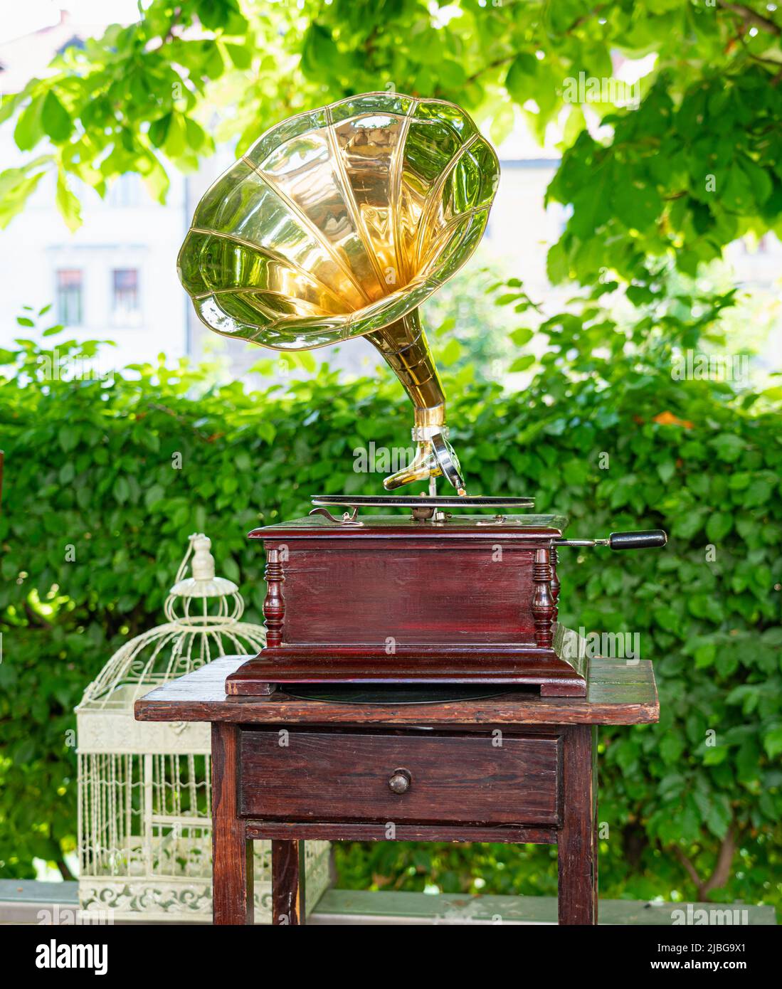 Classical gramophone standing on the background of the street Stock ...