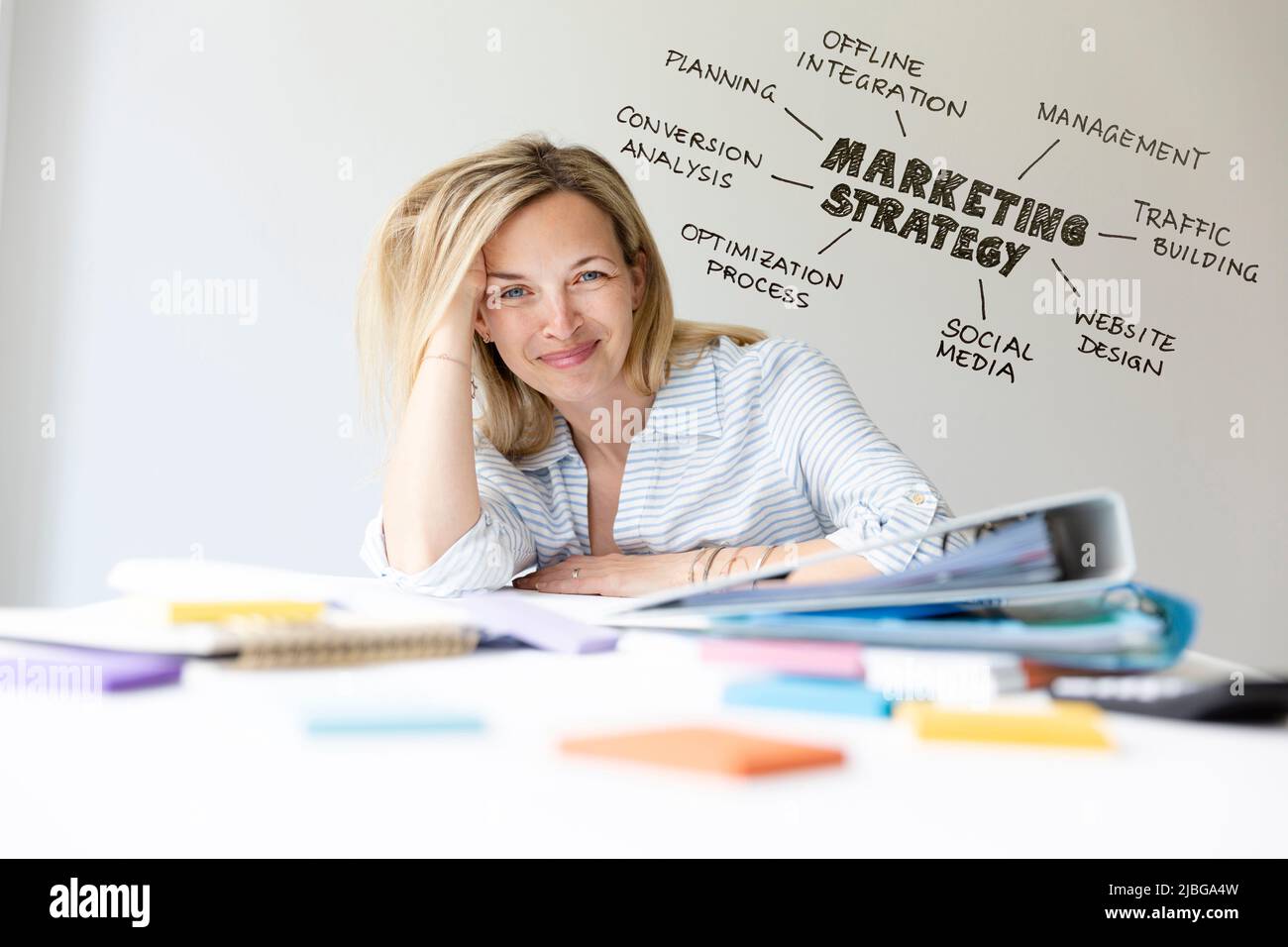 marketing strategy, portrait of pretty young blonde business woman in ...
