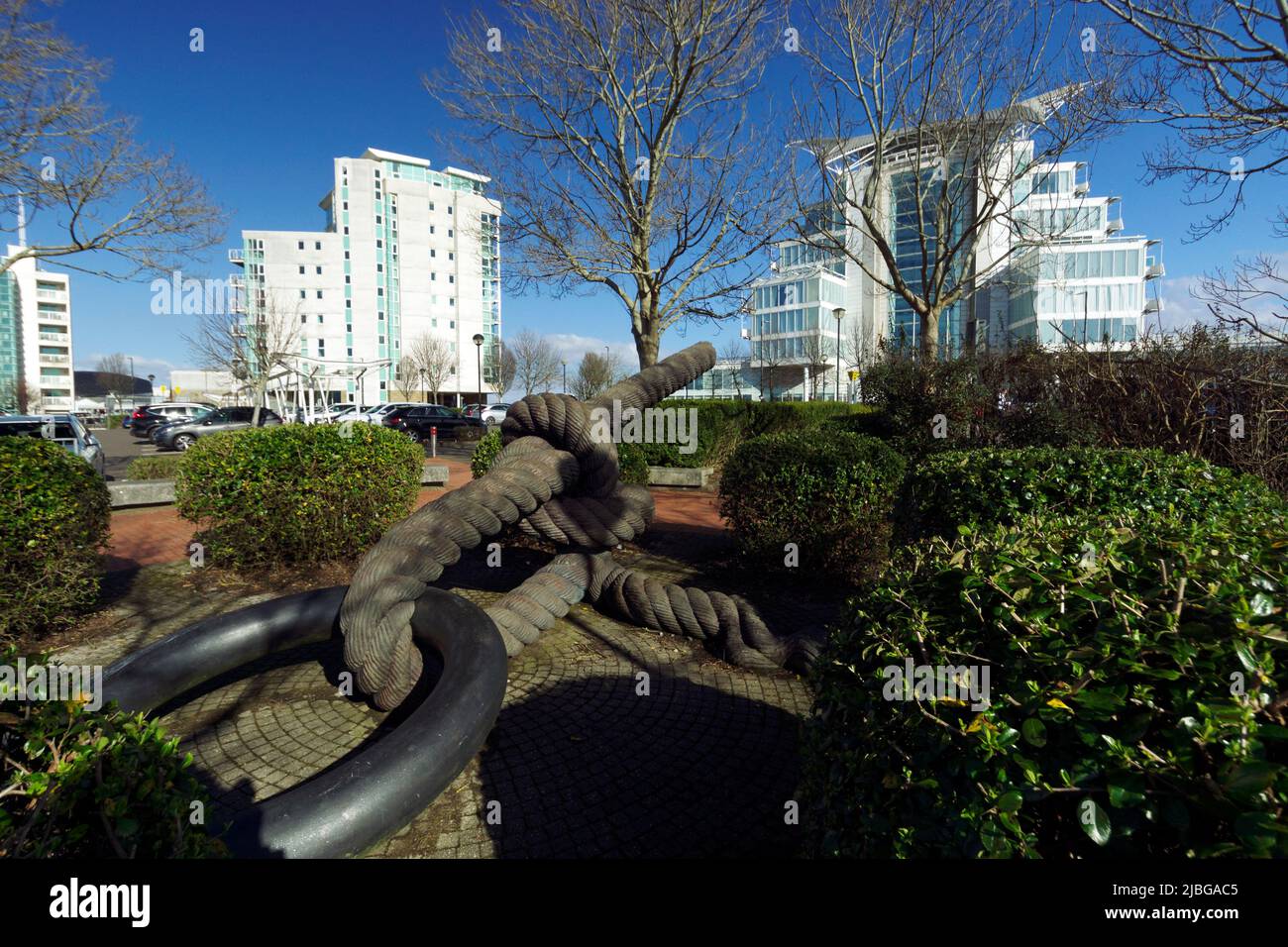 Sculpture of rope and St Davids Spa and hotel, Cardiff Bay, Cardiff ...