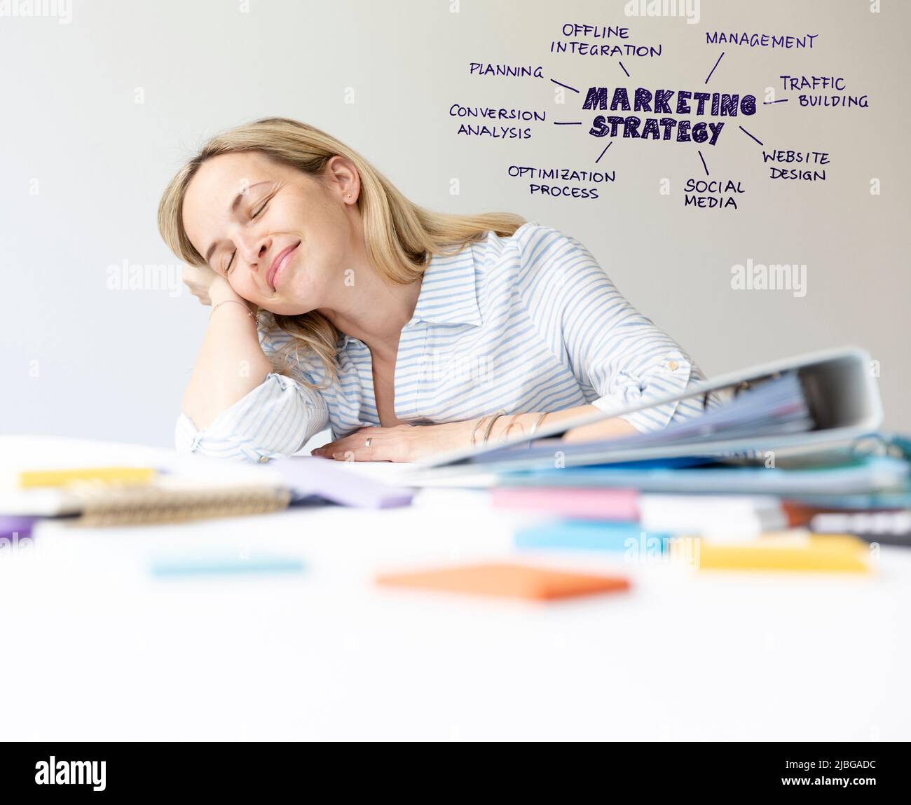 marketing strategy, portrait of pretty young blonde business woman in ...