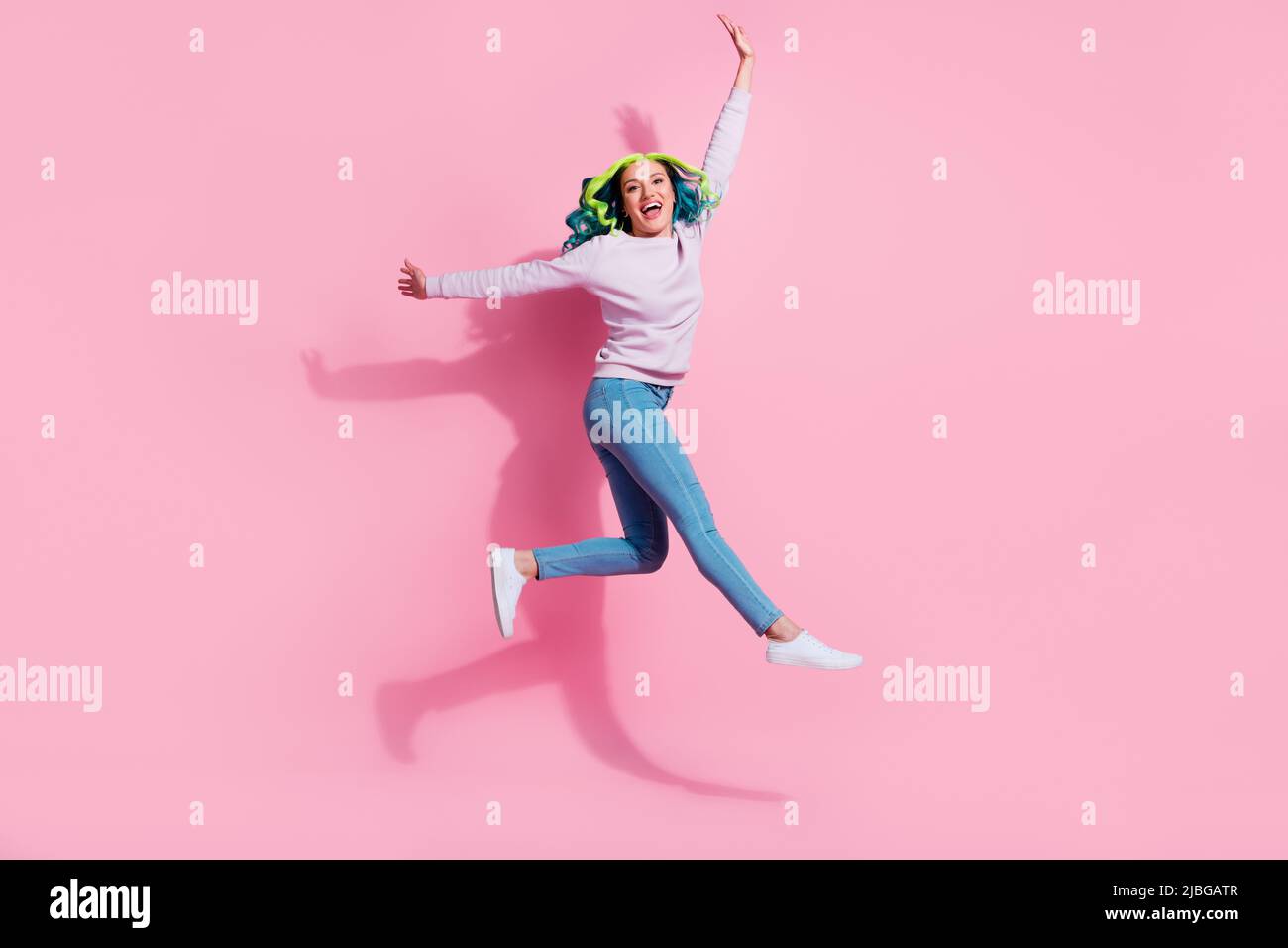 Full body portrait of excited satisfied glad person jumping flight ...