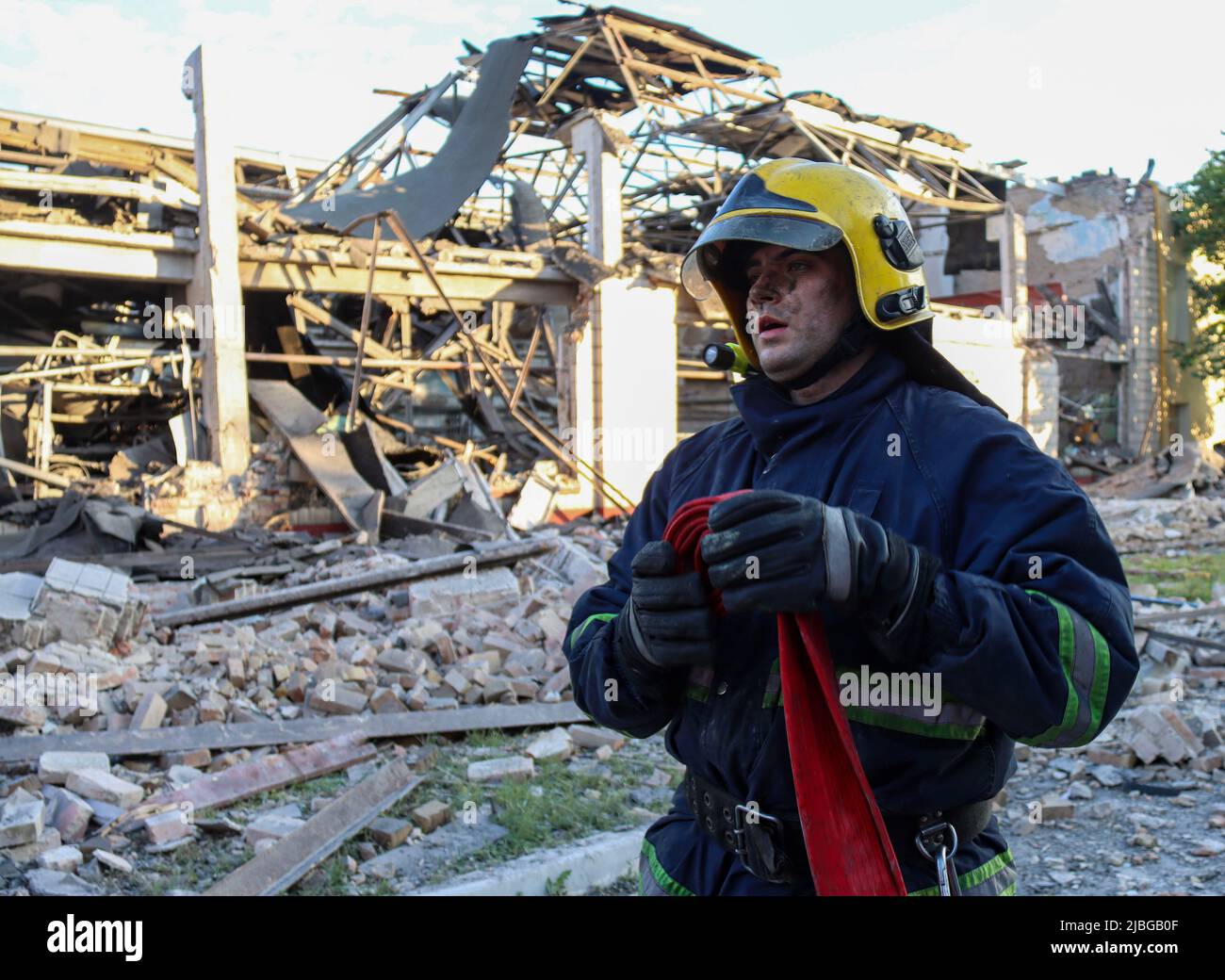 KYIV, UKRAINE - JUNE 05, 2022 - A firefighter eliminates hotbeds of ...