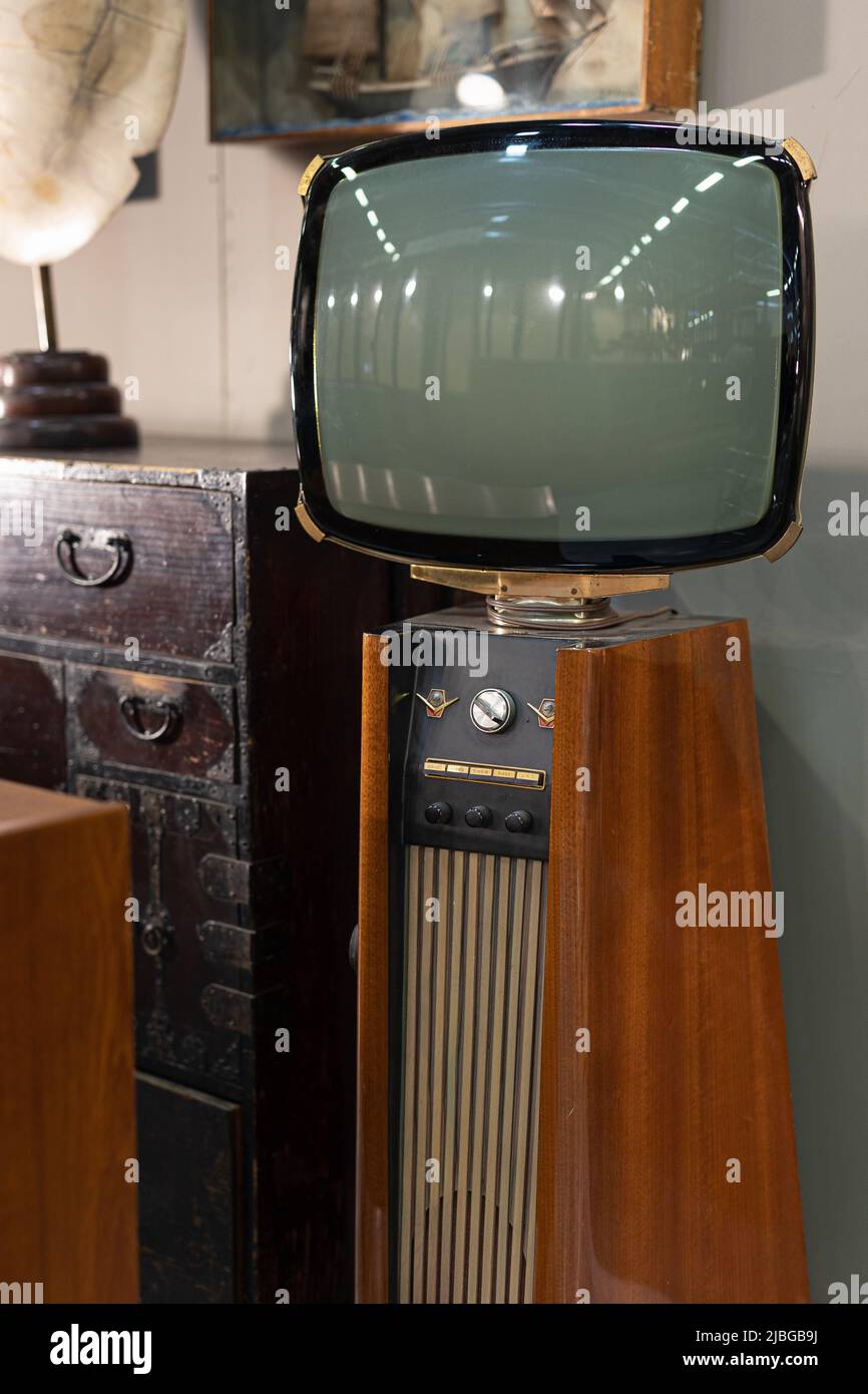 Antique Black and White TV set with Cathode Ray Tube with Wooden Column ...