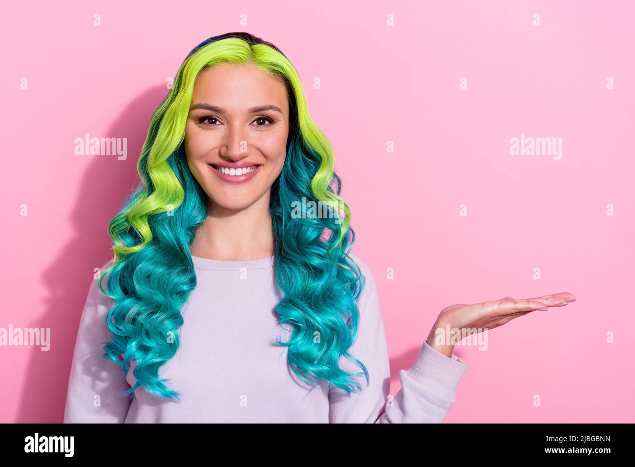 Photo of lovely girl with vivid emerald gradient hair recommend shampoo ...