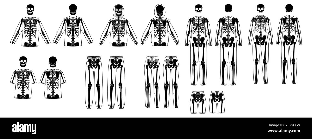 Set of Skeleton costume Human bones on shirts, pants front back view ...