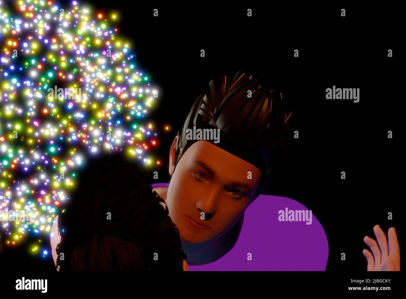 Caucasian boyfriend reaching out to kiss his boyfriend's neck at night ...