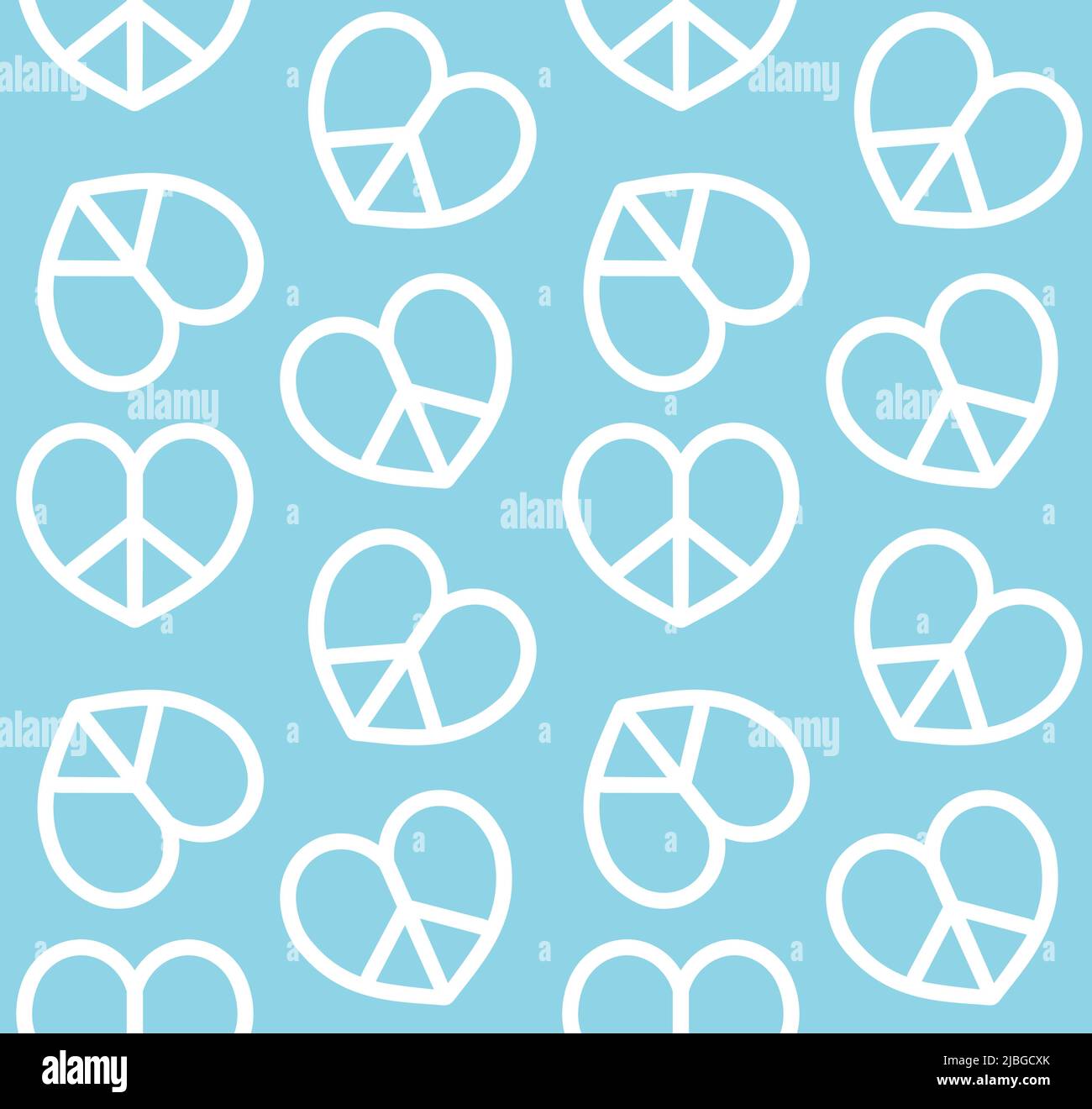 Vector seamless pattern of flat heart peace sign isolated on blue ...