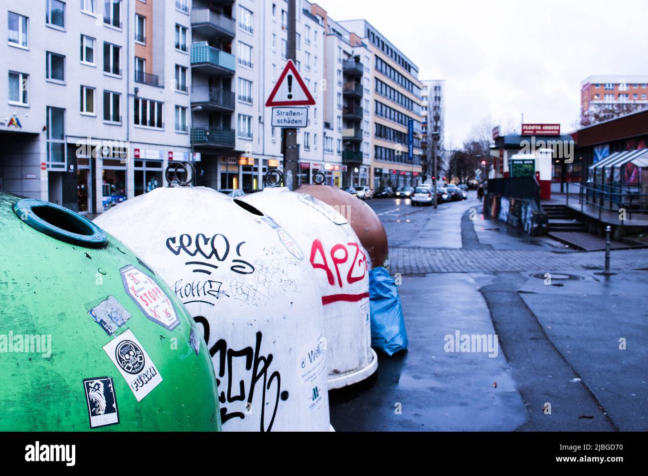 Street of Berlin, Germany - December 24, 2016 Garbage bins on the ...