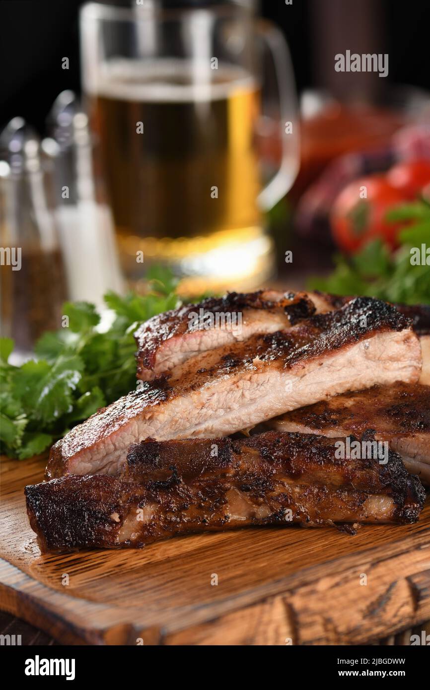Delicious Baked Grilled Sliced pork belly with barbeque sauce plating ...