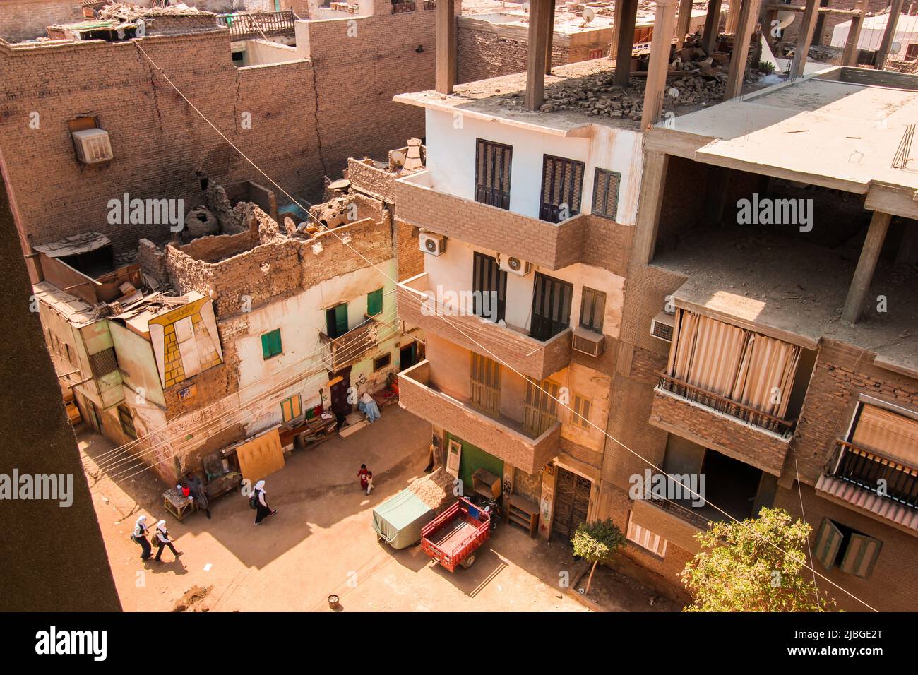 Top view of downtown street from house balcony (roof top) in Luxor ...