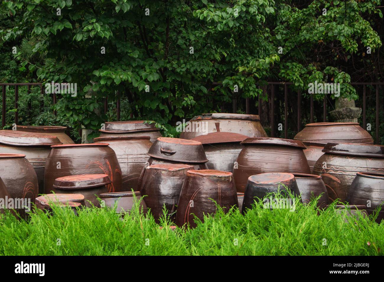 Onggi(Korean earthenware) outside house. Translation : The words on ...