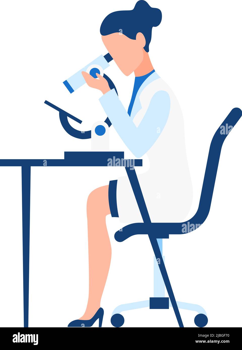 Scientists female character. Woman sits at desk, doing research with a ...