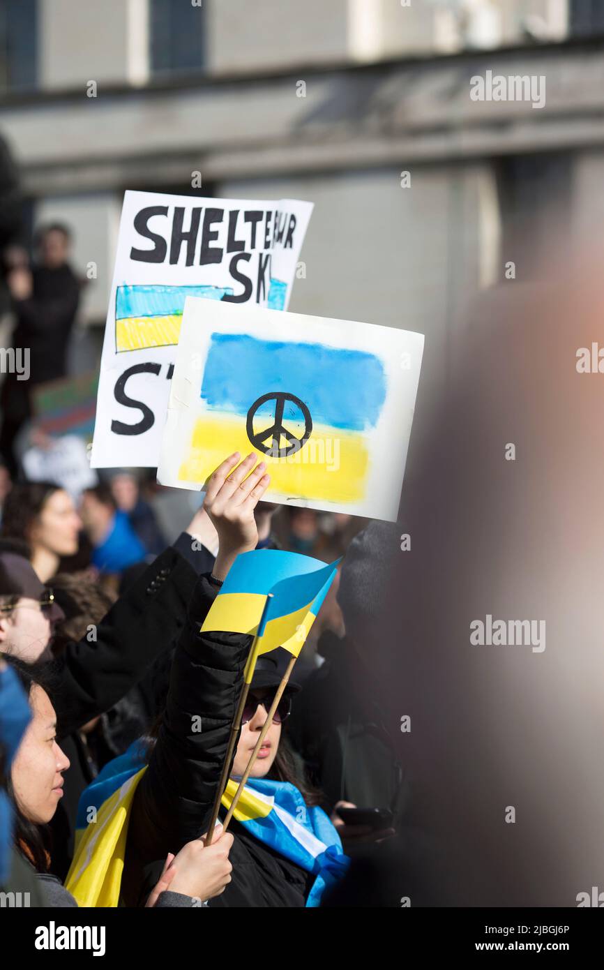 Participants gather during the ‘Stand with Ukraine!’ protest in support ...