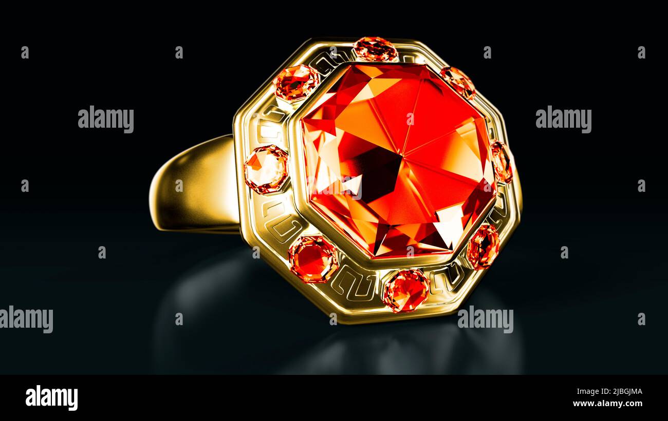 golden ring with red ruby gem stones, isolated, fictive - object 3D ...