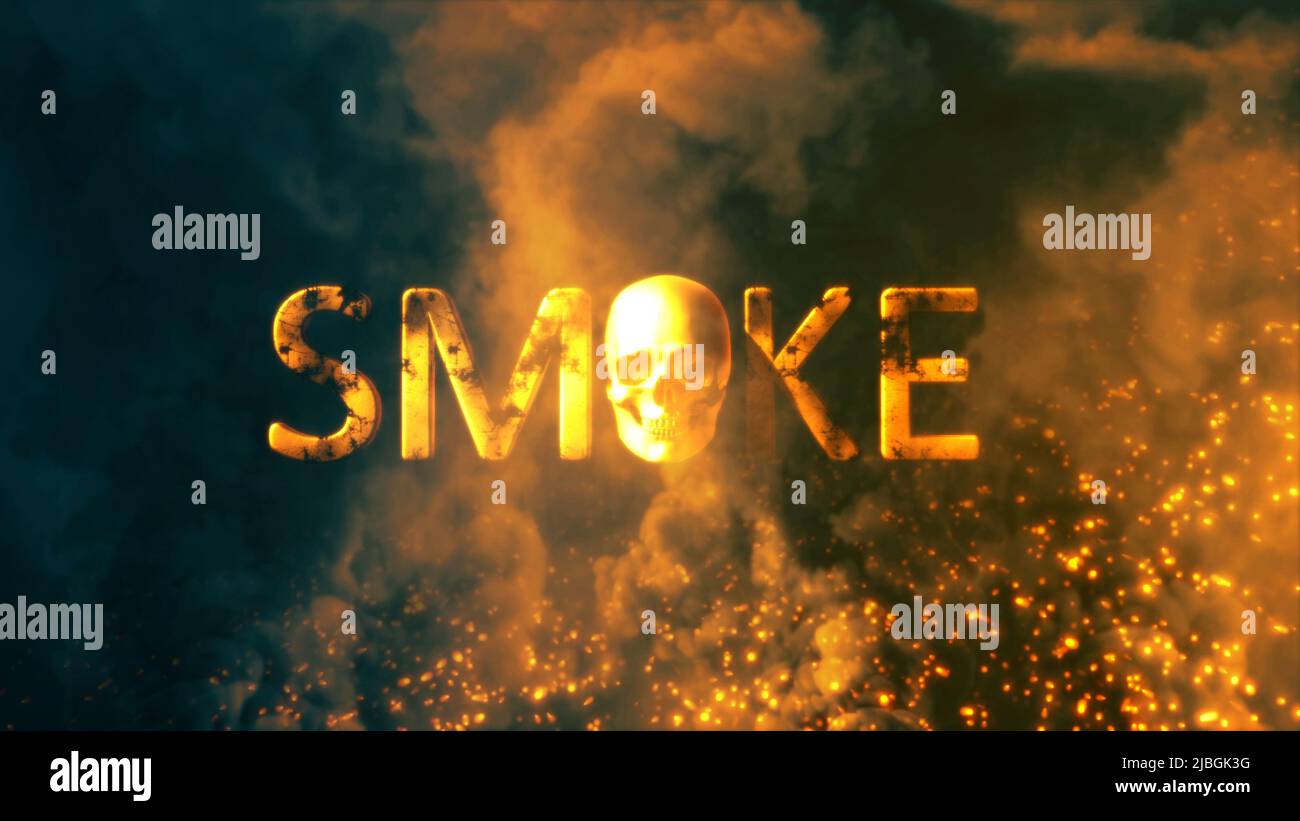 Text smoke with man skull on bg with fire flames and smoke - abstract ...