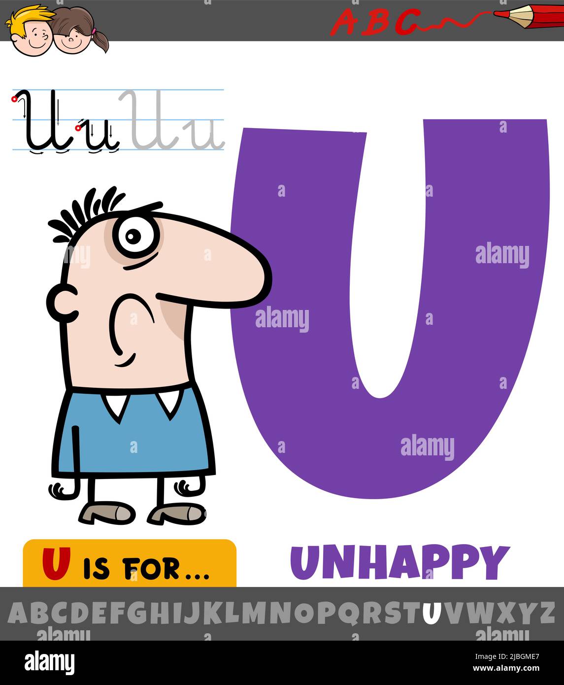Educational cartoon illustration of letter U from alphabet with unhappy ...