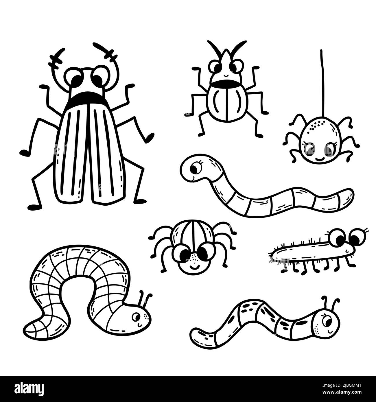 Collection of cute insects - beetles, spiders and worms. Linear hand ...