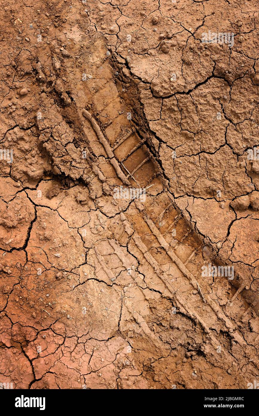 Imprint of tire track in parch dry dirt dried mud vehicle path drought ...