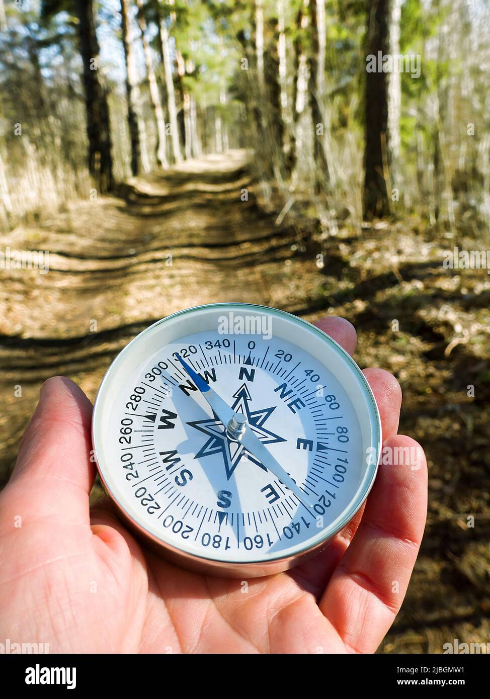 Spring calls for a journey. A forest road and a hiker's hand with a ...