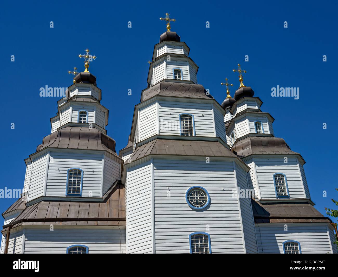 Closeup tower-domes of famous wooden St. Trinity Cathedral in ...