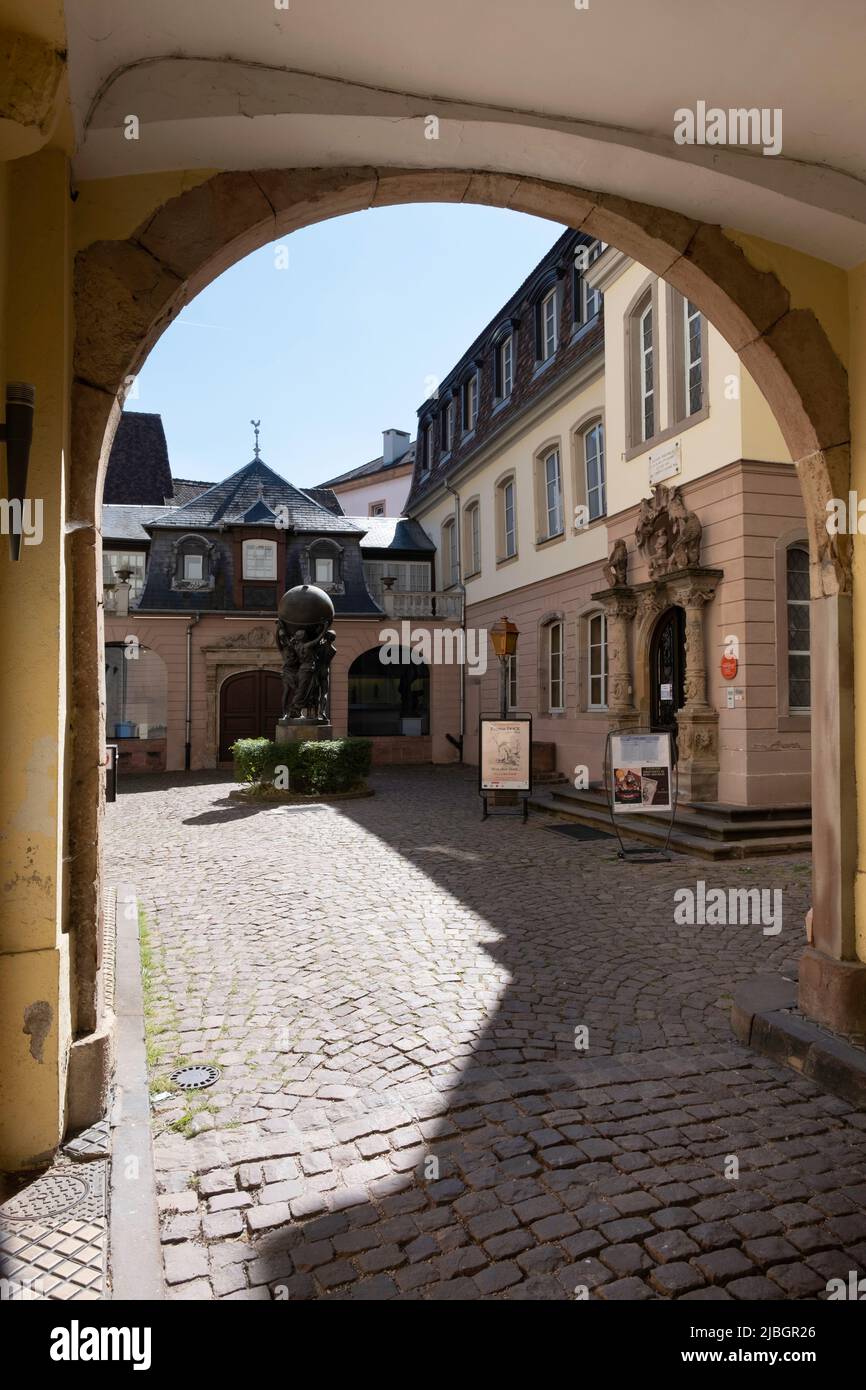 Entrance to Bartholdi Museum with bronze statue of the great supporters ...