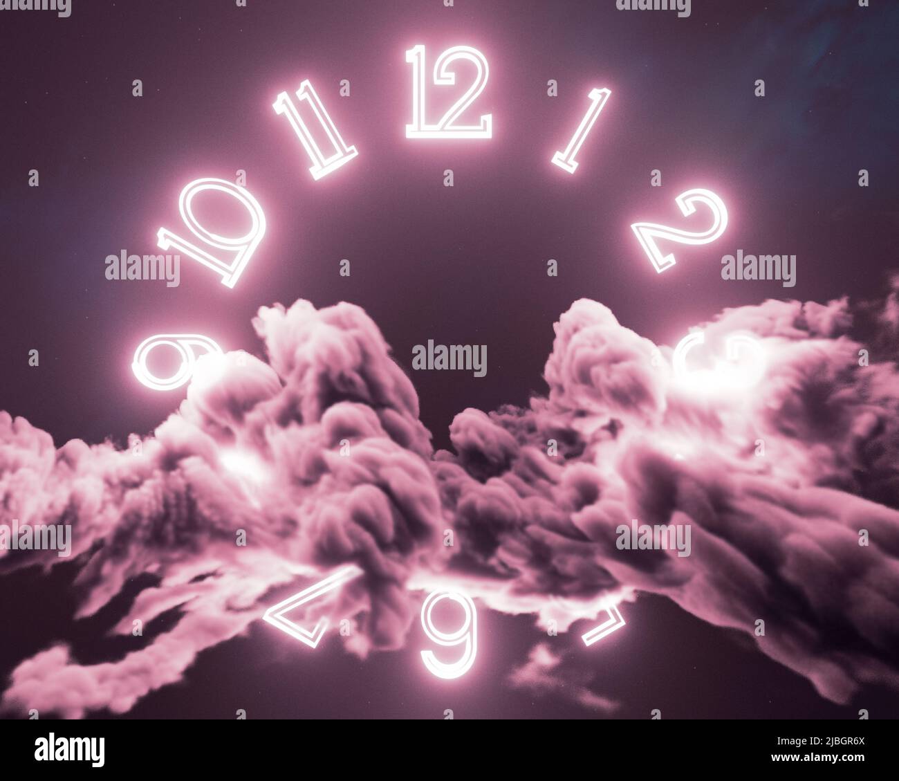 A surreal concept of a bright glowing neon clock numbers in a fluffy ...