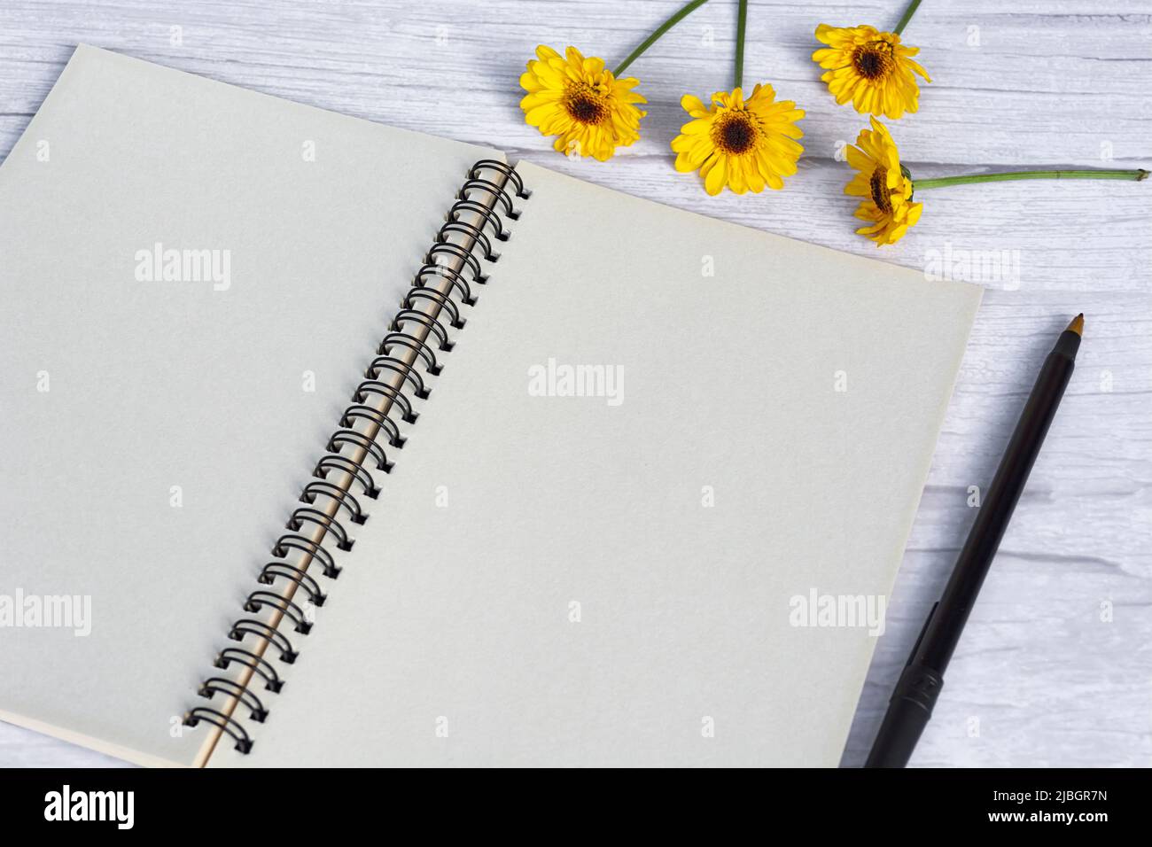 Note book flat lay with sunflowers on wooden desk. Directly above. Copy ...