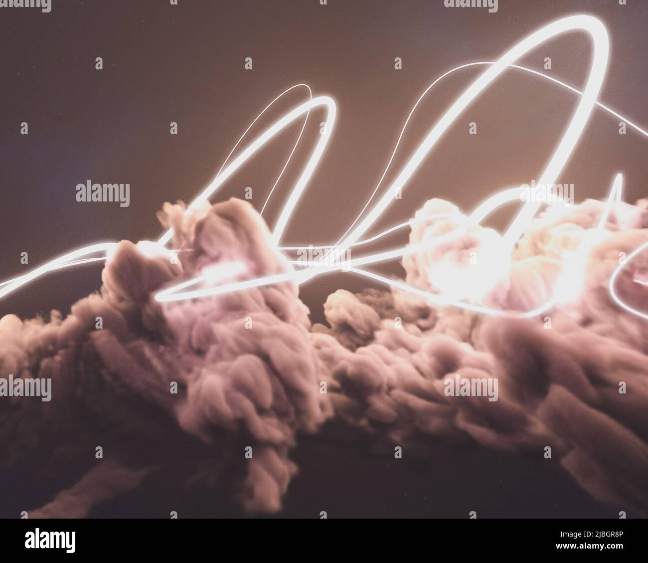 A surreal concept of bright glowing neon light trails in a fluffy dark ...