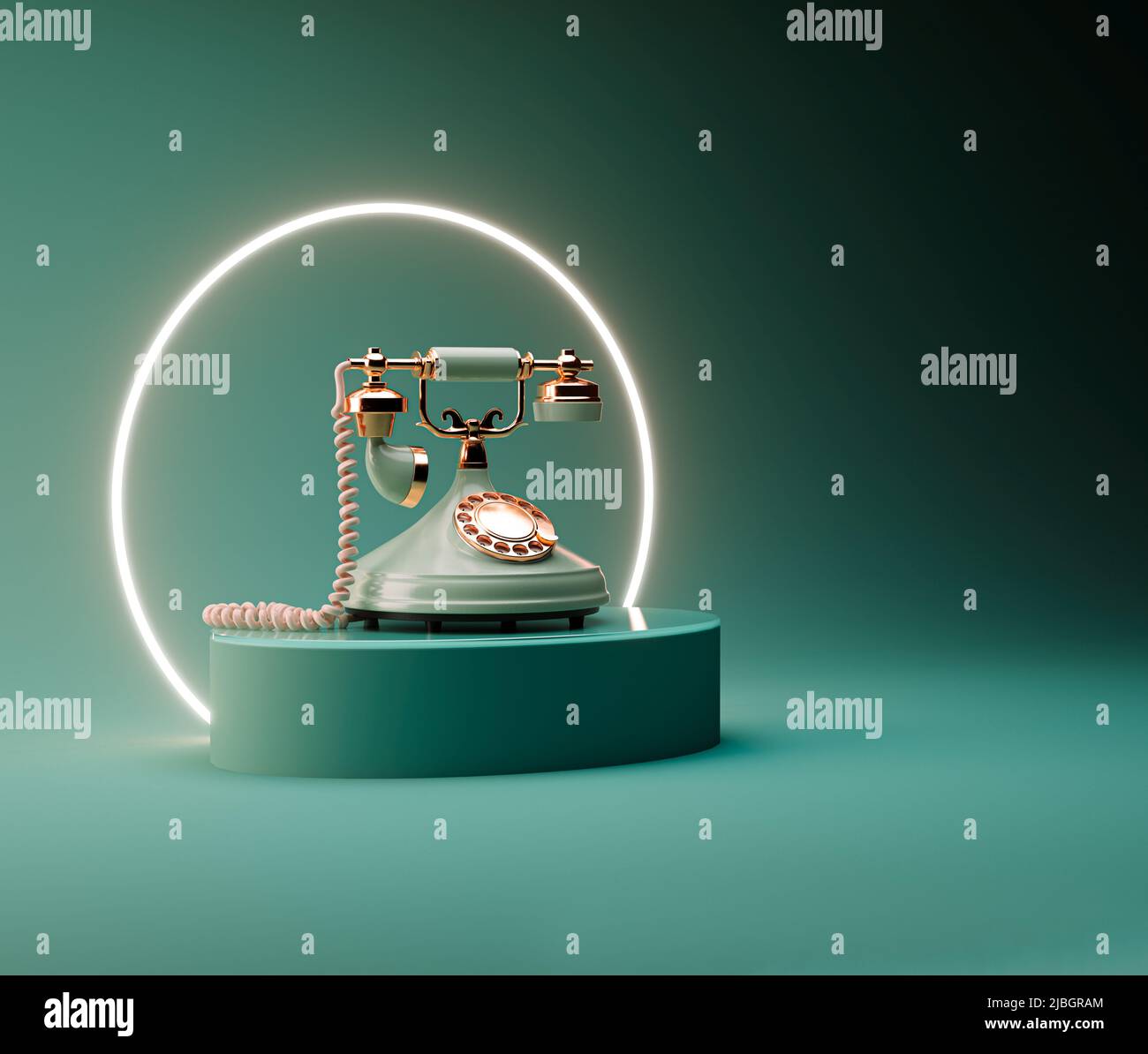 A vintage aquamarine and brass art deco telephone on a round green ...