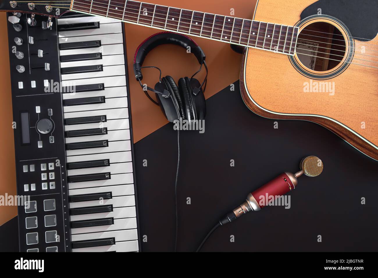 Flat lay, music background with acoustic guitar and piano Stock Photo ...