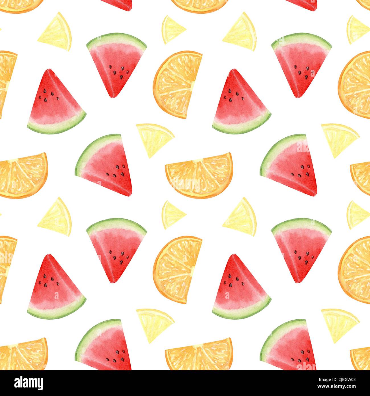 Watercolor watermelon, lemon and orange seamless pattern. Fruit sliced ...