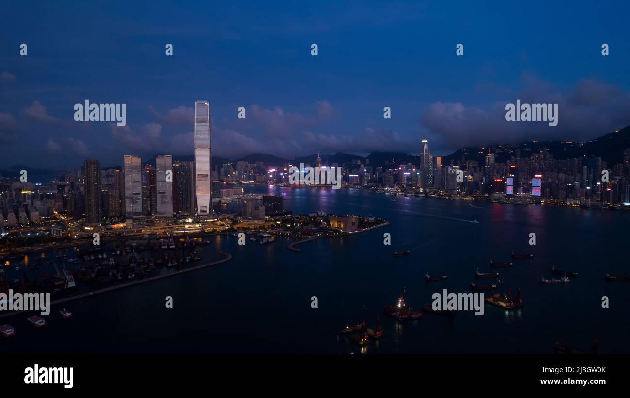 icc tower in West kowloon area during evening, one of highest building ...