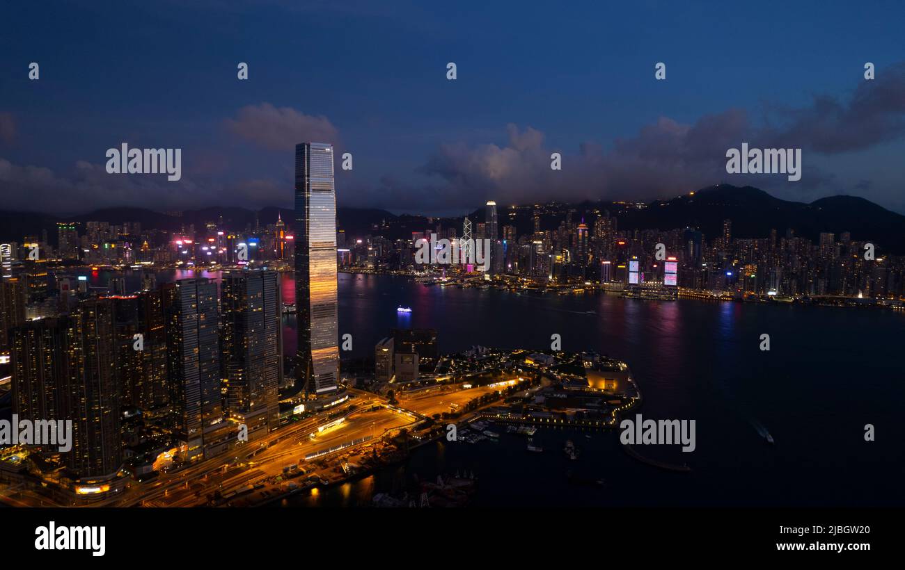 icc tower in West kowloon area during evening, one of highest building ...