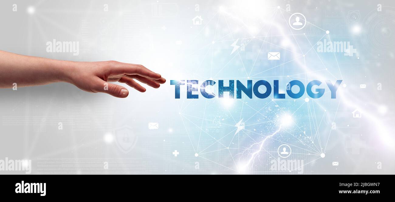 Hand pointing at inscription concept Stock Photo - Alamy