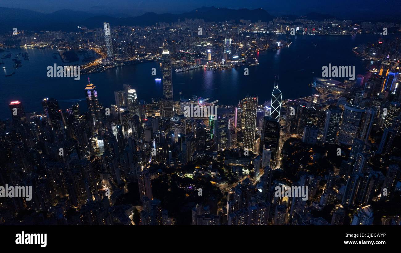 Victoria Harbour in drone point of view at night Stock Photo - Alamy
