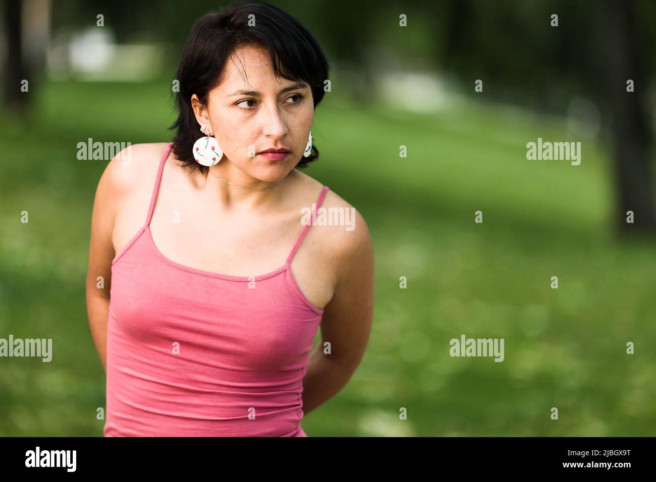 Latin America Bolivian woman with traditional pattern cloth mask ...