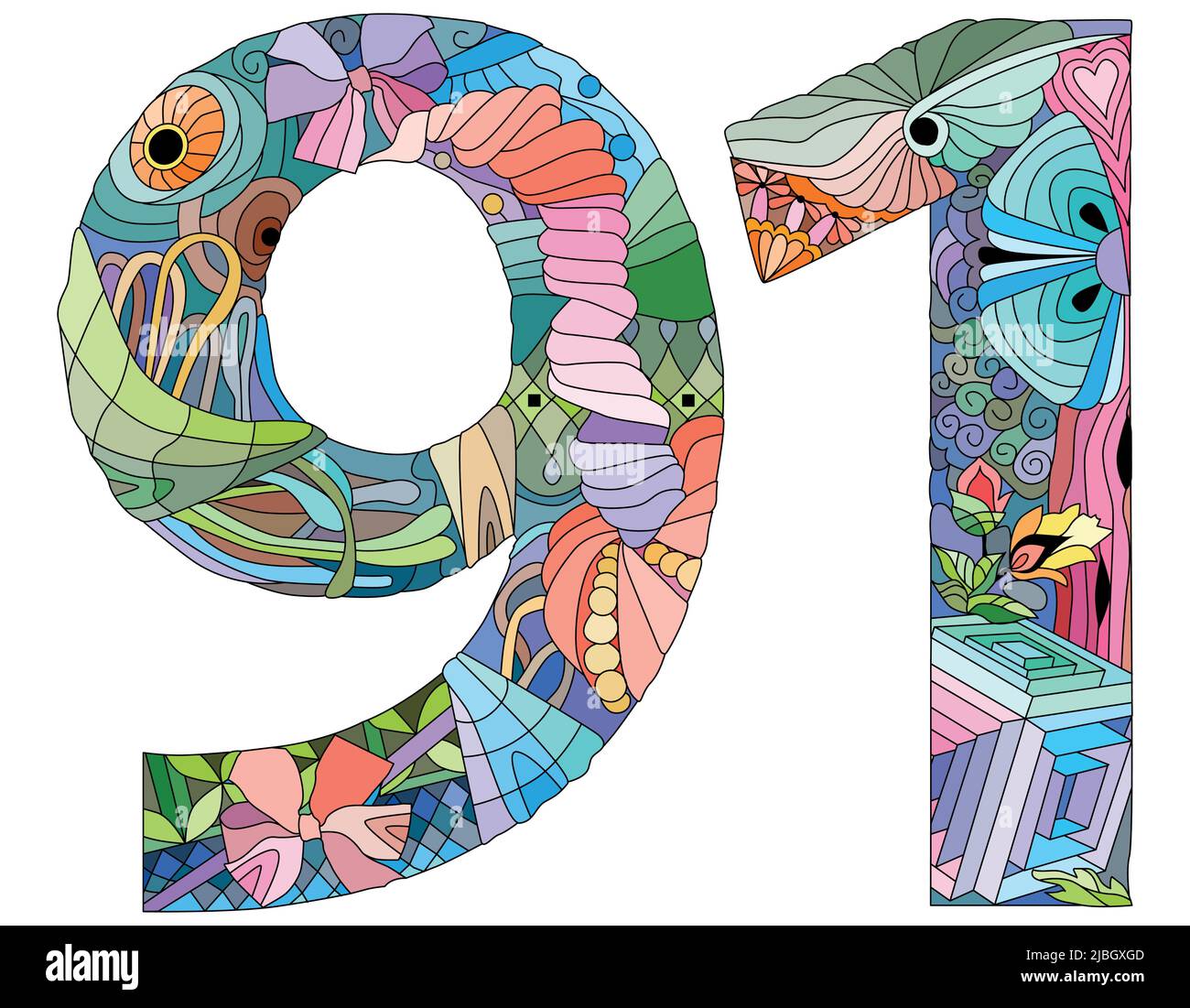 Ninety one number Isolated zentangle illustration for decoration Stock ...