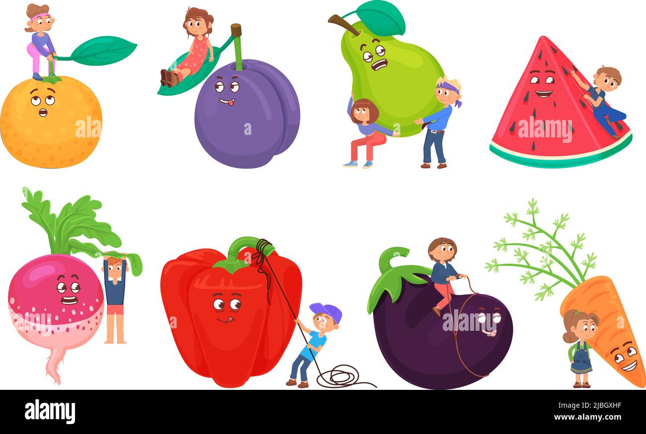 Kids and vegan food. Cartoon vegetables characters play with kids ...