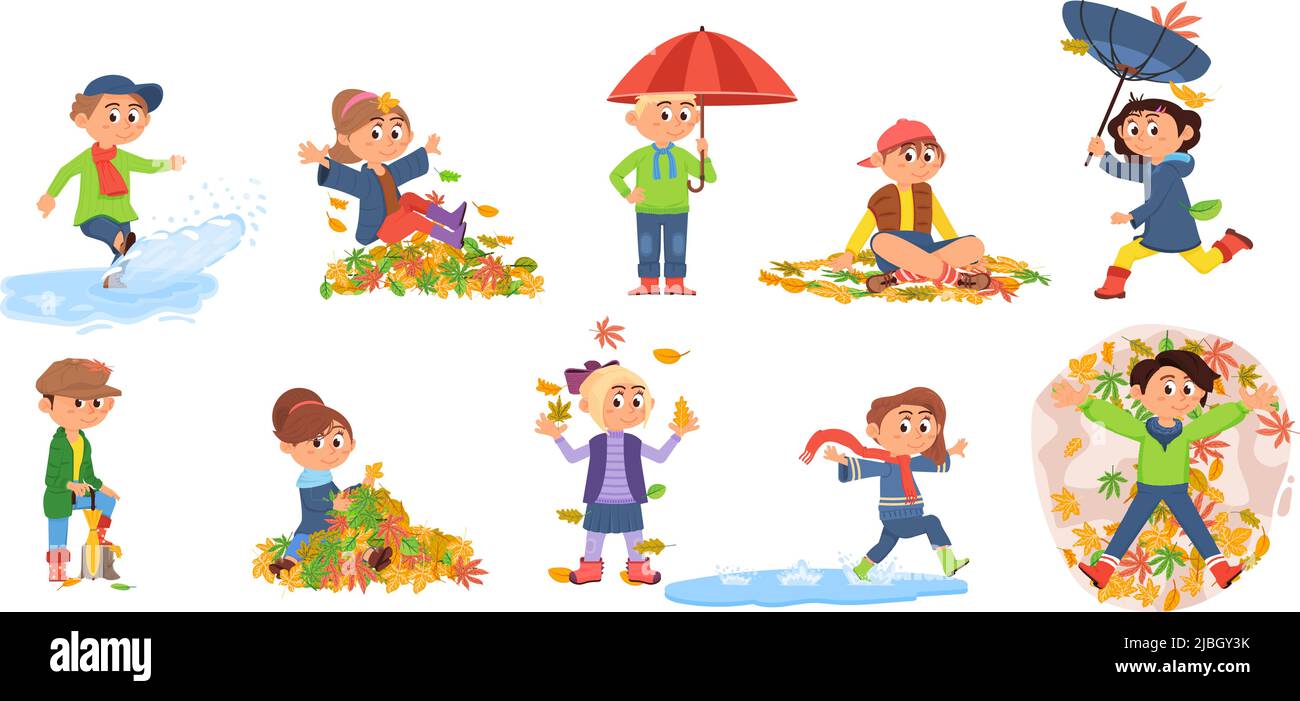 Autumn children walking. Kids play leaves and stand with umbrella ...
