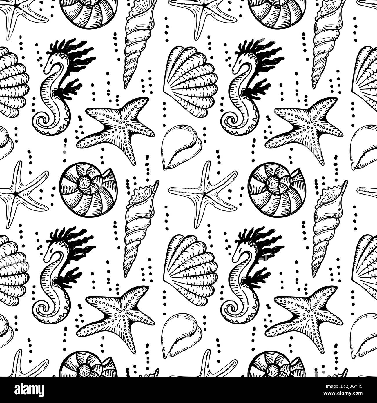 A seamless, hand-drawn drawing of sea creatures in sketch style ...