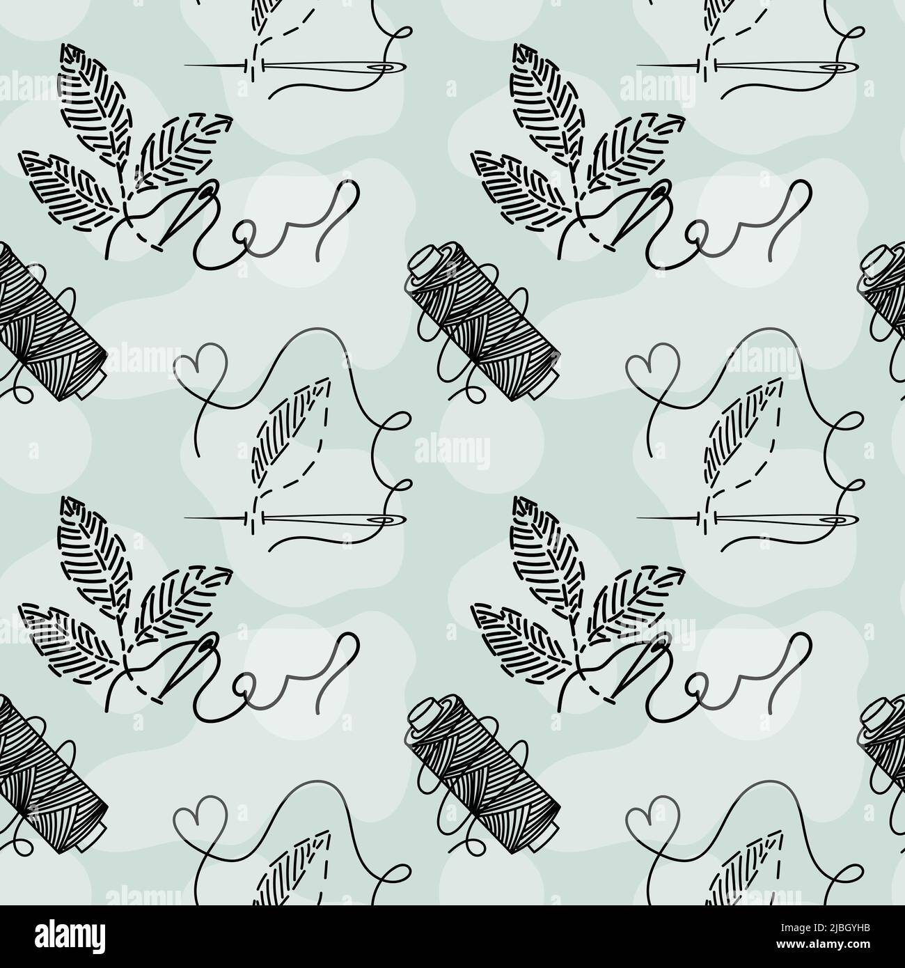 Seamless pattern of embroidered leaves, hand-drawn doodles in sketch ...