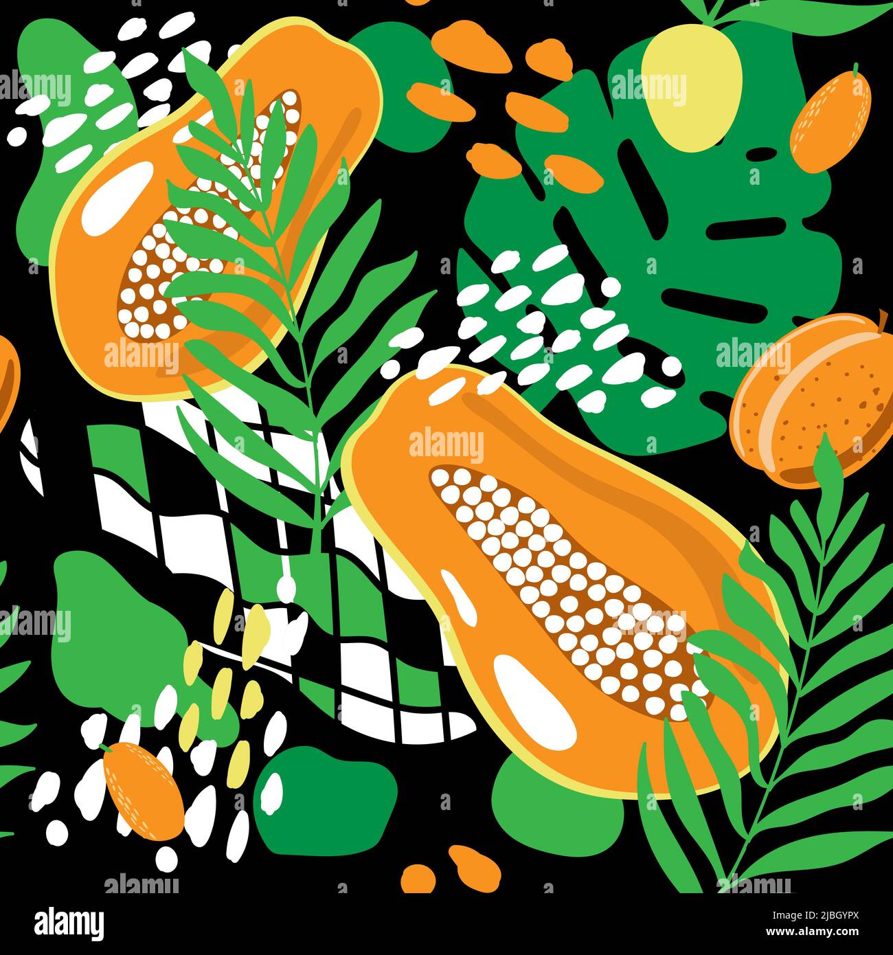 Seamless pattern of abstract tropical leaves and fruits, summer vector ...