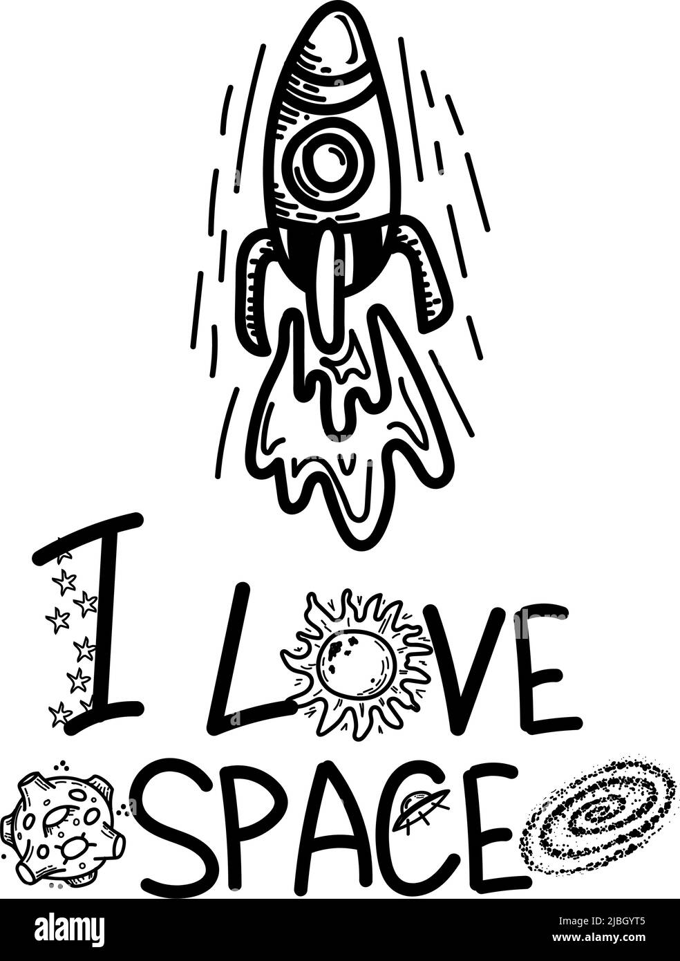 Poster with a rocket taking off and a stylized inscription. I love ...