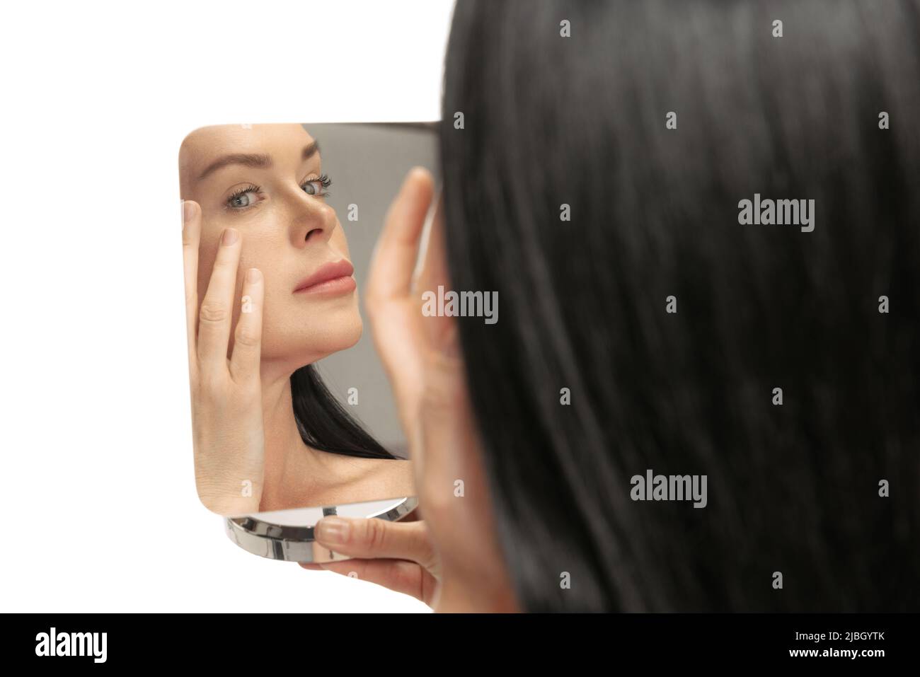 Close-up portrait of middle age, 44 years old beautiful woman with long ...