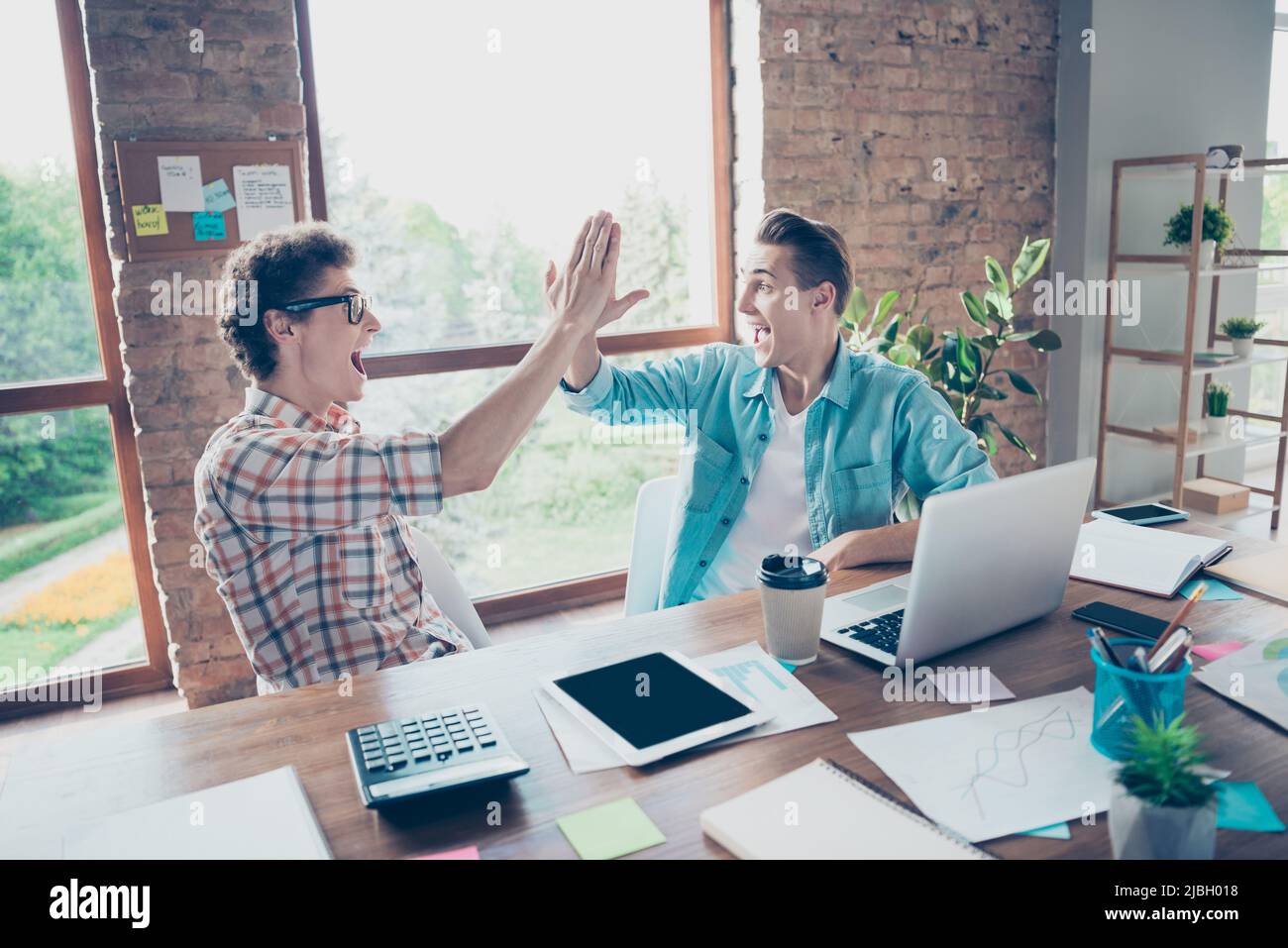 Photo of overjoyed crazy best friends mates celebrate successful exam ...